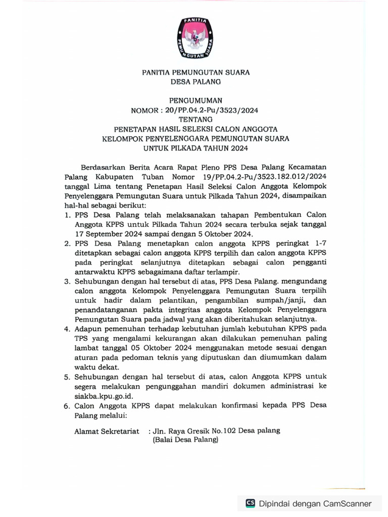 Palang - Palang - Pengumuman Penetapan Hasil Seleksi Kpps | PDF