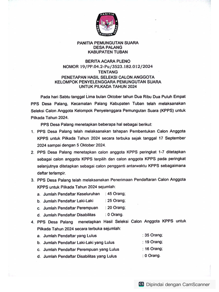 Palang - Palang - Ba Penetapan Hasil Seleksi Kpps | PDF