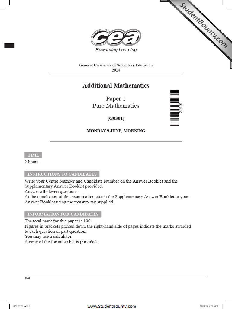 GCSE Additional Maths Past Paper 2014 | PDF | Equations | Tangent