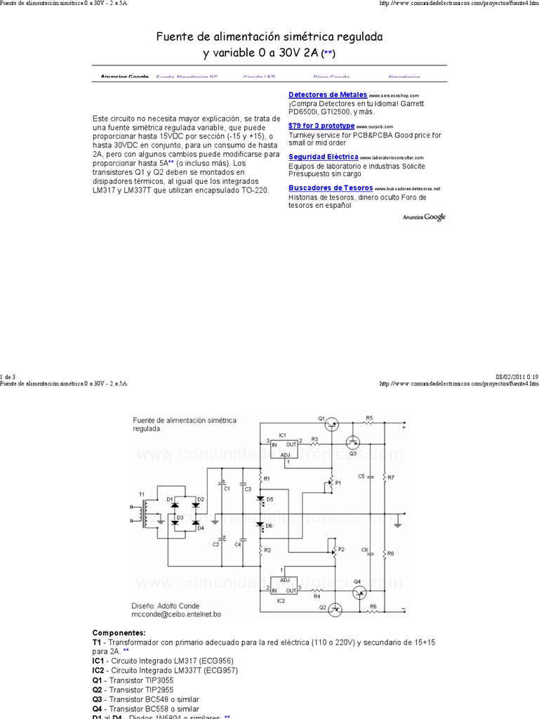 Fuente de Alimentación Simétrica Regulada y Variable de 0 A30v 2a | PDF ...