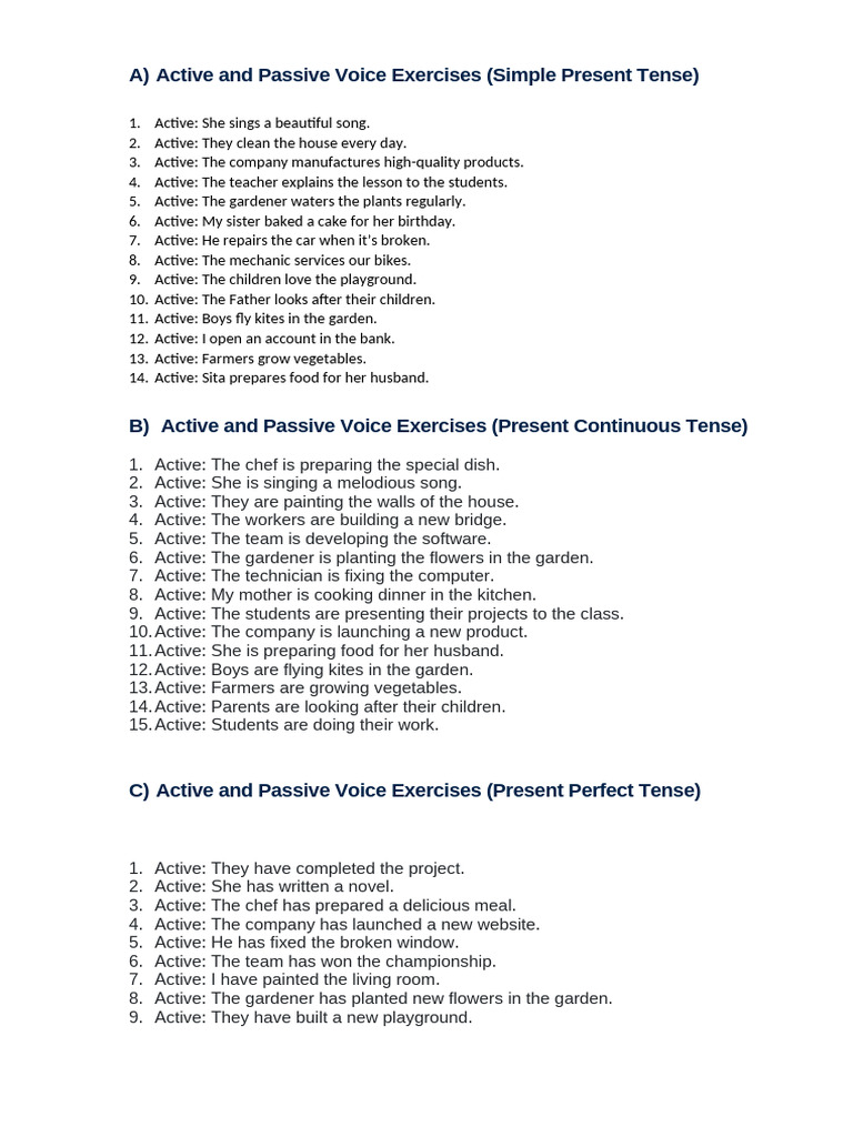 Active and Passive Voice Exercises | PDF | Chef