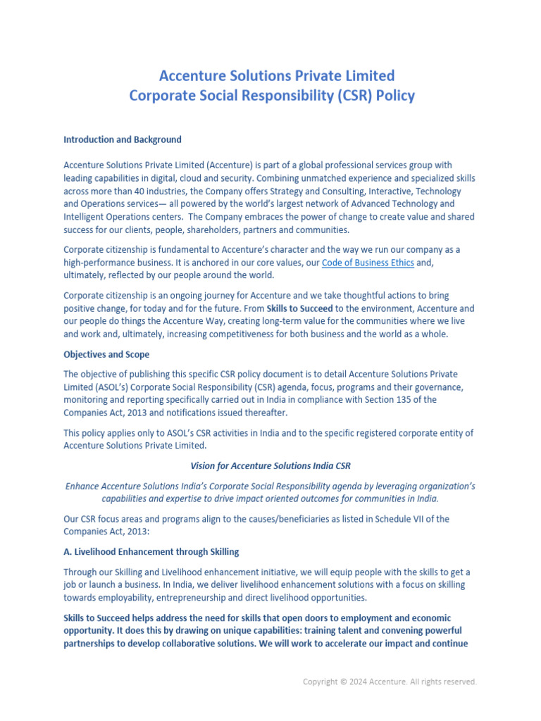 Accenture India's CSR Policy Overview | PDF | Corporate Social ...