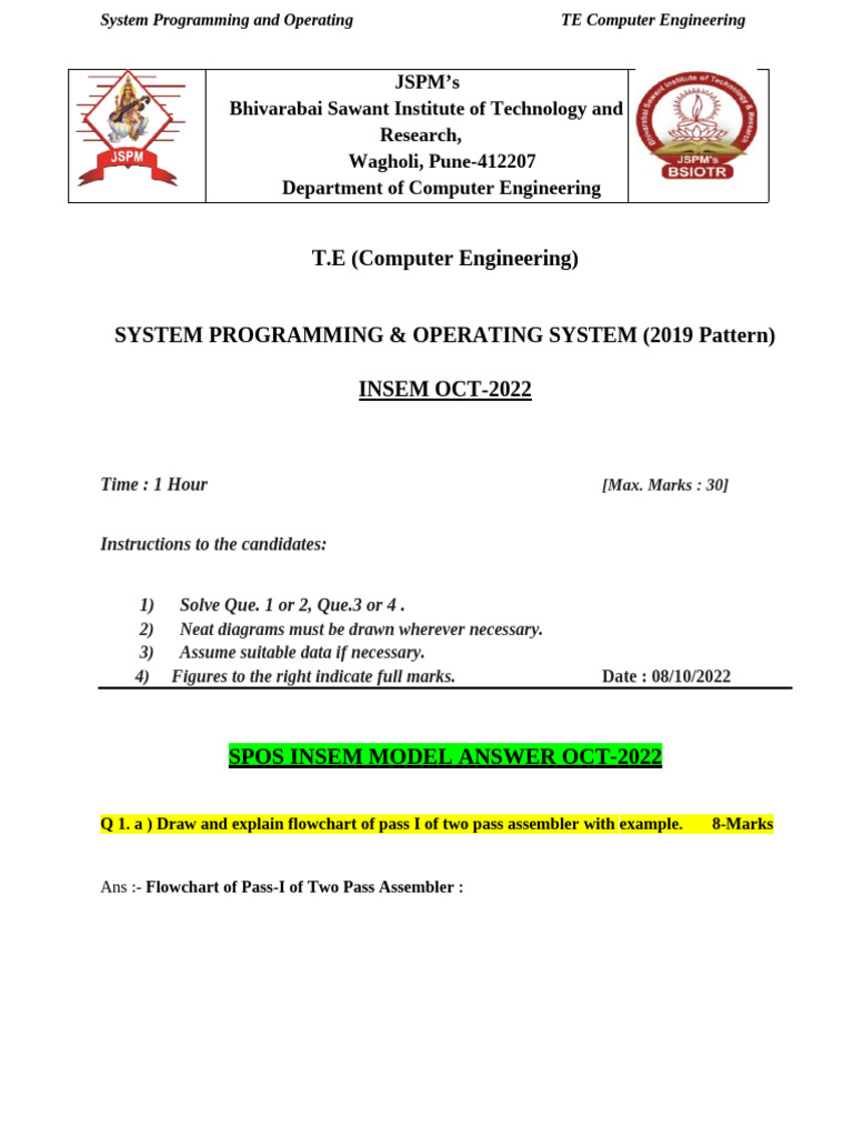 Spos Insem Model Paper With Solution22-23 | PDF | Assembly Language | Macro (Computer Science)