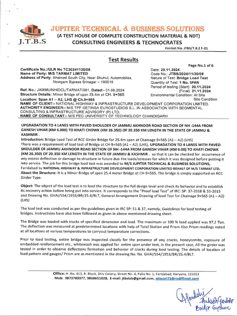 Load Test of Existing Minor Bridge at Km. 9+565 (LHS) | PDF