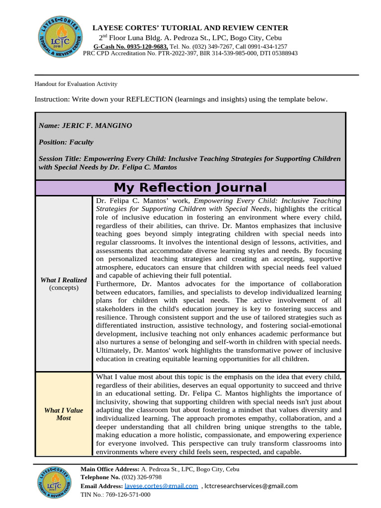 Inclusive Teaching Strategies Reflection | PDF | Differentiated ...
