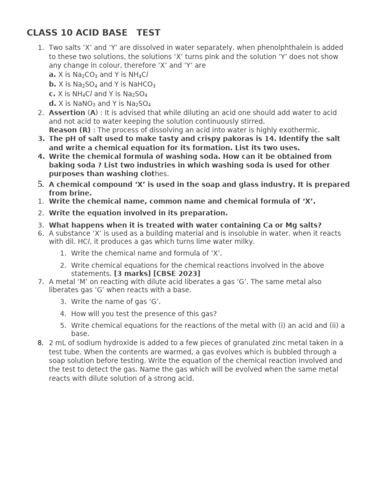 Acids, Bases, and Salts in Class 10 | PDF