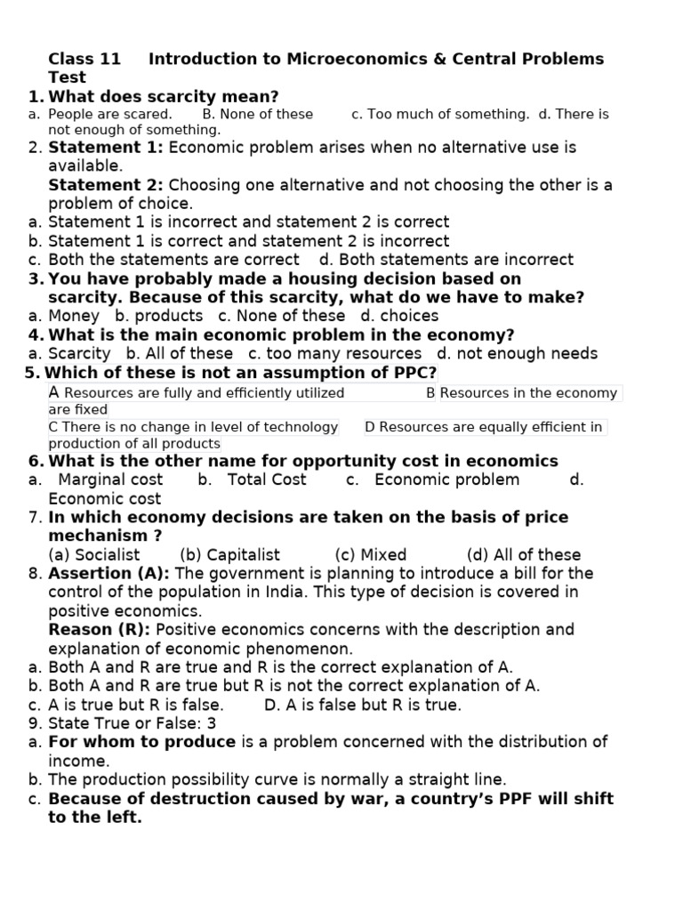 Class 11 Microeconomics Test: Chapter 1 | PDF | Economics | Economies