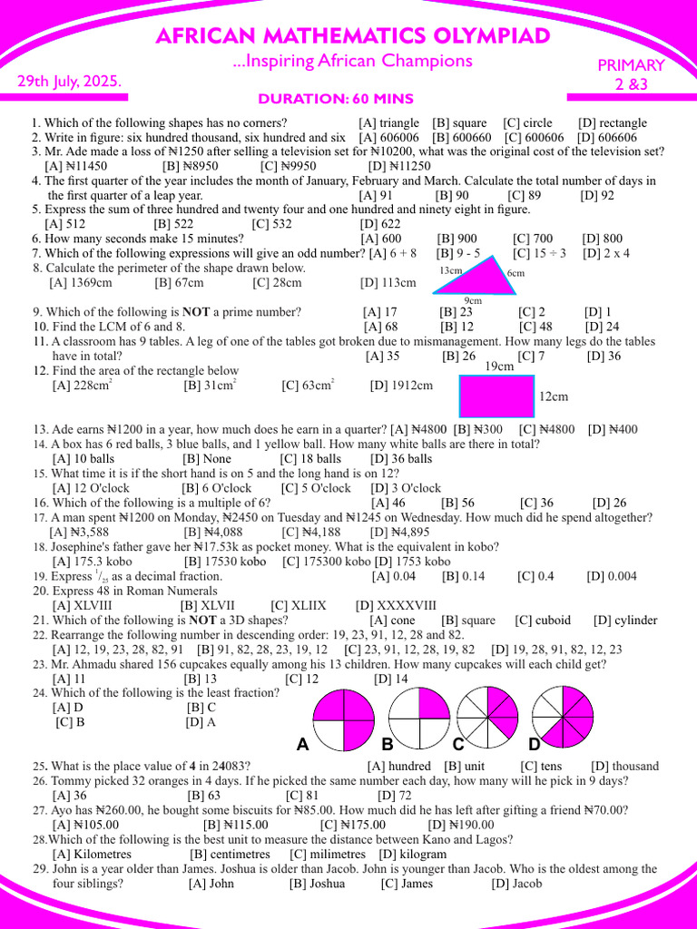 AMO 2025 Mathematics Past Questions | PDF | Zoo | Nigeria