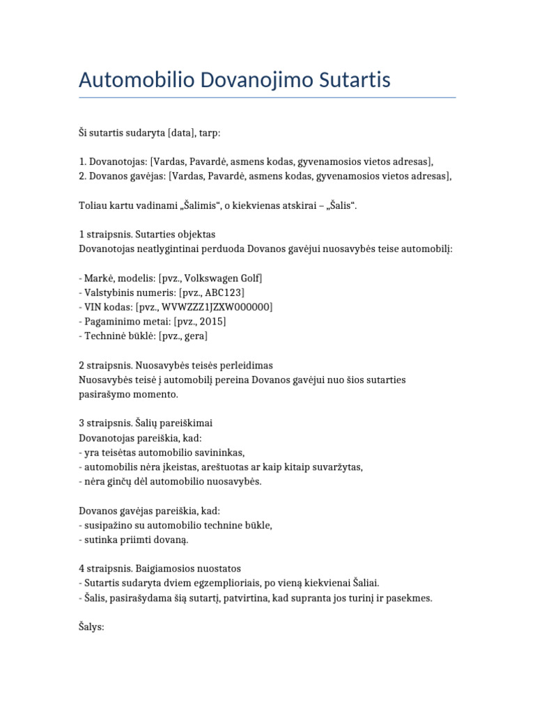 Automobilio Dovanojimo Sutarties Sablonas | PDF