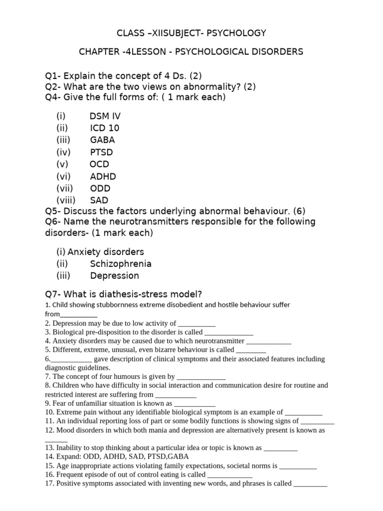 CBSE Class 12 Psychology - Psychological Disorders | PDF | Mental ...