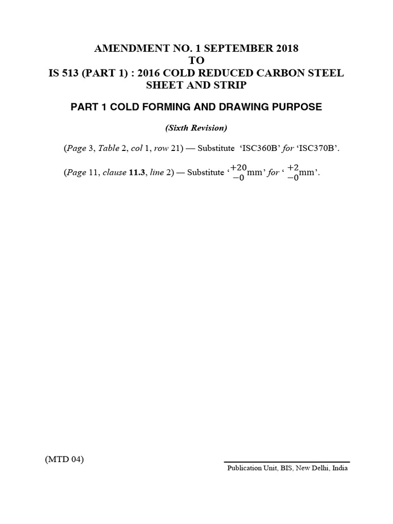 Amendment No. 1 September 2018 TO Is 513 (Part 1) : 2016 Cold Reduced Carbon Steel Sheet and ...