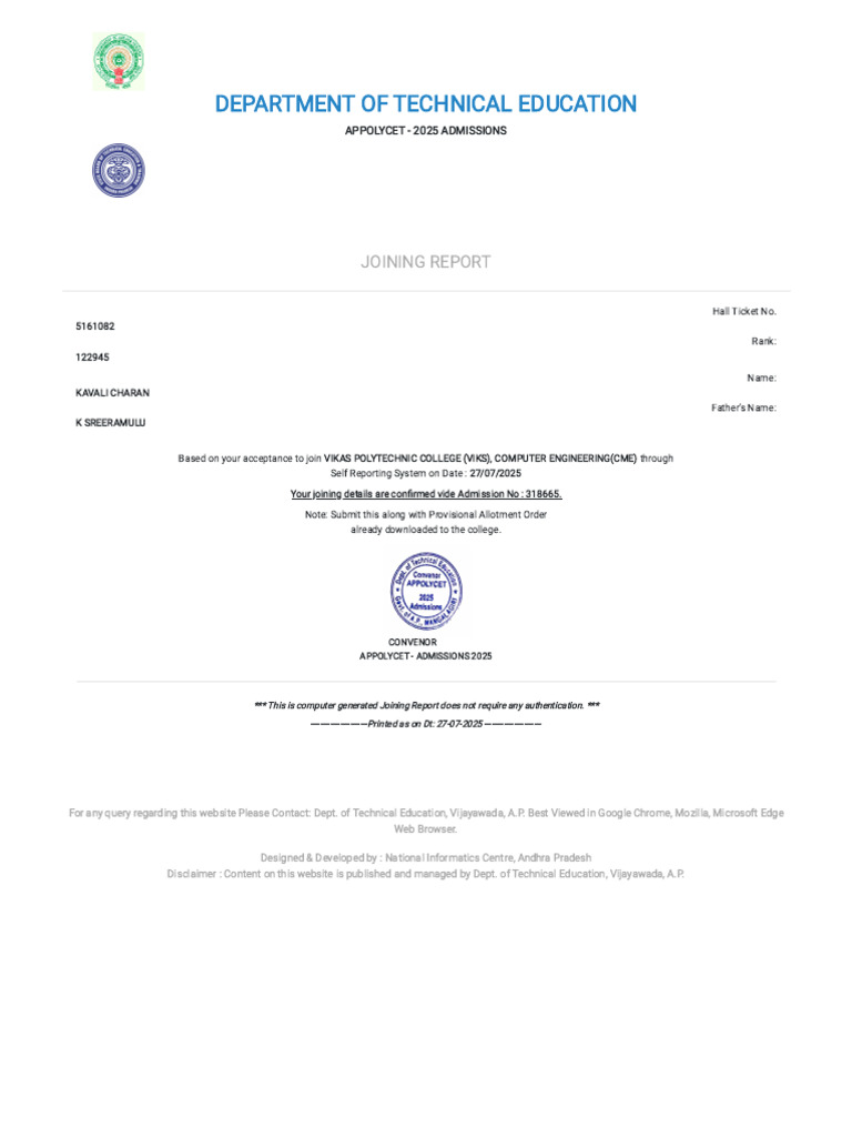 SBTET Joining Report for Vikas Polytechnic | PDF