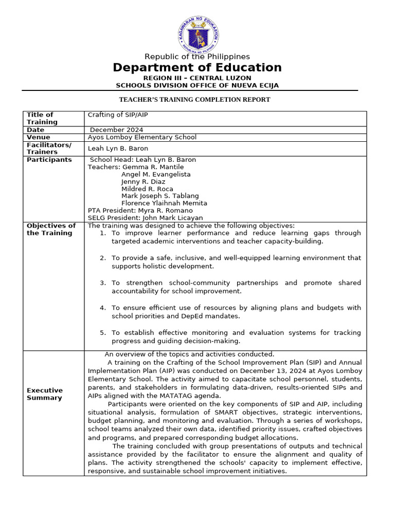 Ayos Lomboy ES Teachers Training Completion Report | PDF | Evaluation ...