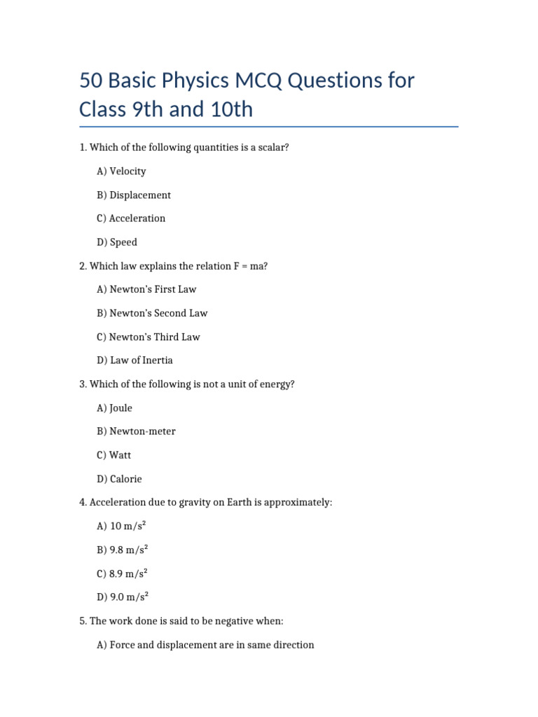 Top 50 Physics MCQ Class 9 10 | PDF | Electric Current | Force