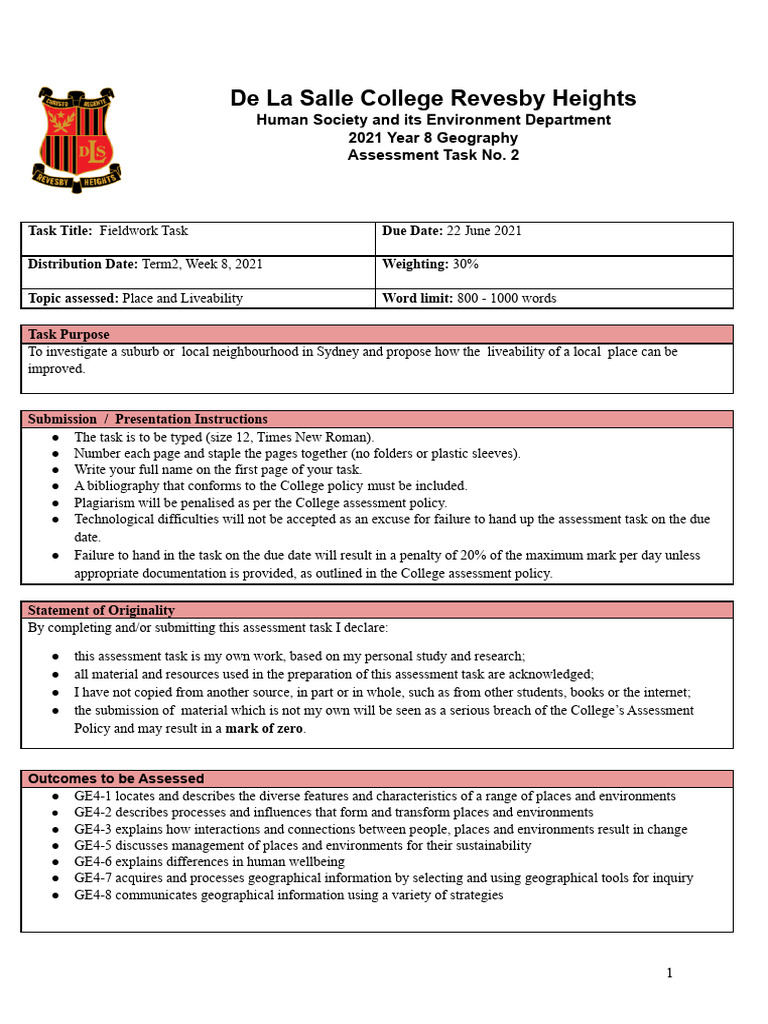 Year 8 Geography Fieldwork Task | PDF | Quality Of Life | Map