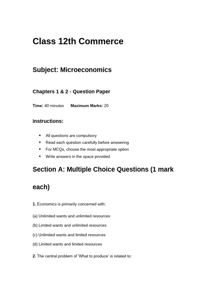 Microeconomics Class 12 Question Paper | PDF