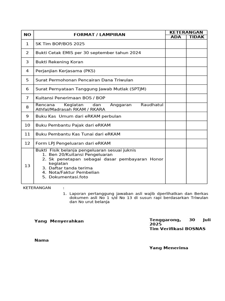 Draf Ceklis-Administrasi Laporan-Bos-Madrasah-1 | PDF