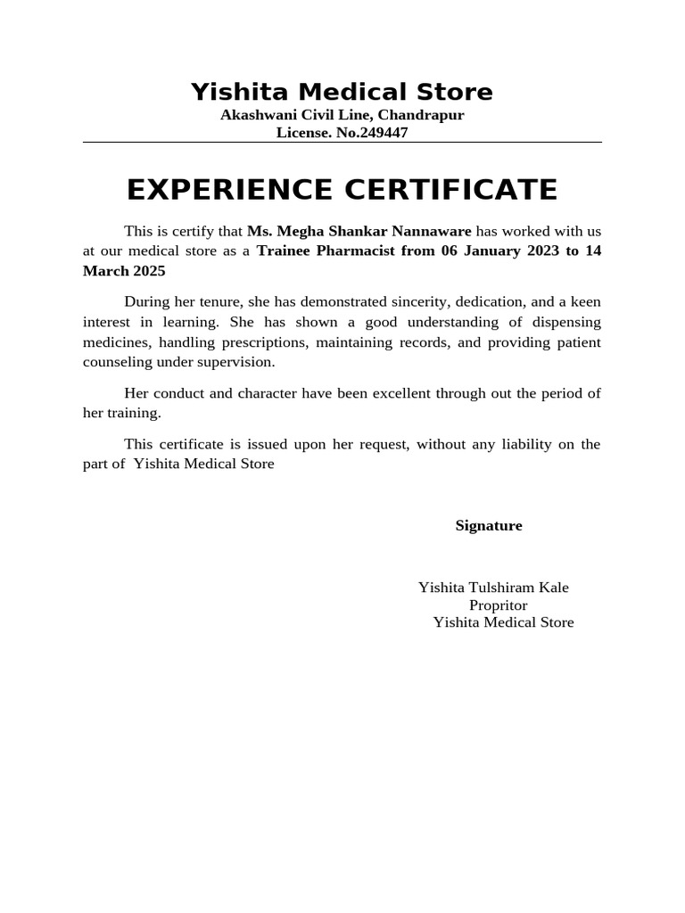 Experience Certificate for Trainee Pharmacist | PDF