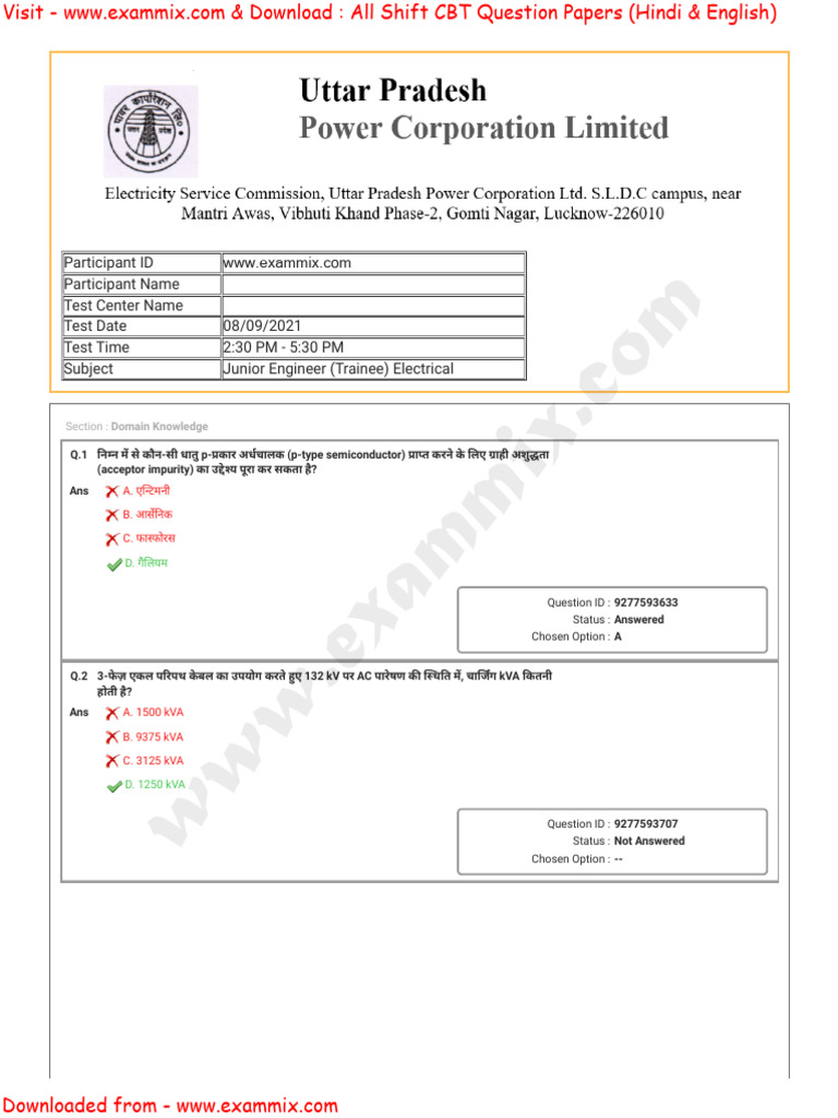 UPPCL JE Electrical Question Paper 8.9.2021 2nd Shift in Hindi | PDF