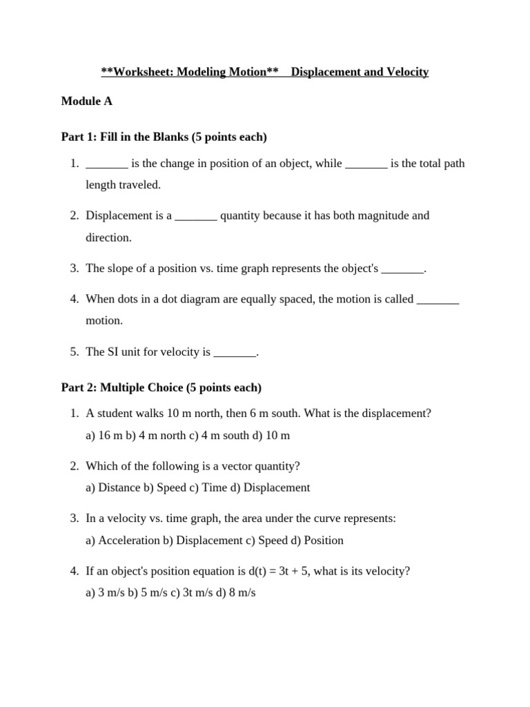 Worksheet 1 Displacement and Velocity | PDF | Velocity | Acceleration