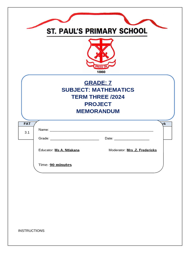 Grade 7 Term 3 Maths Project Memo | PDF | Numbers | Mathematics