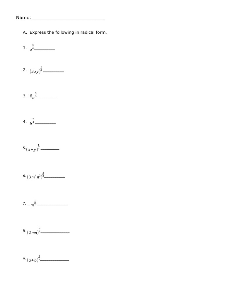 Radicals Worksheet for 9th Grade | PDF