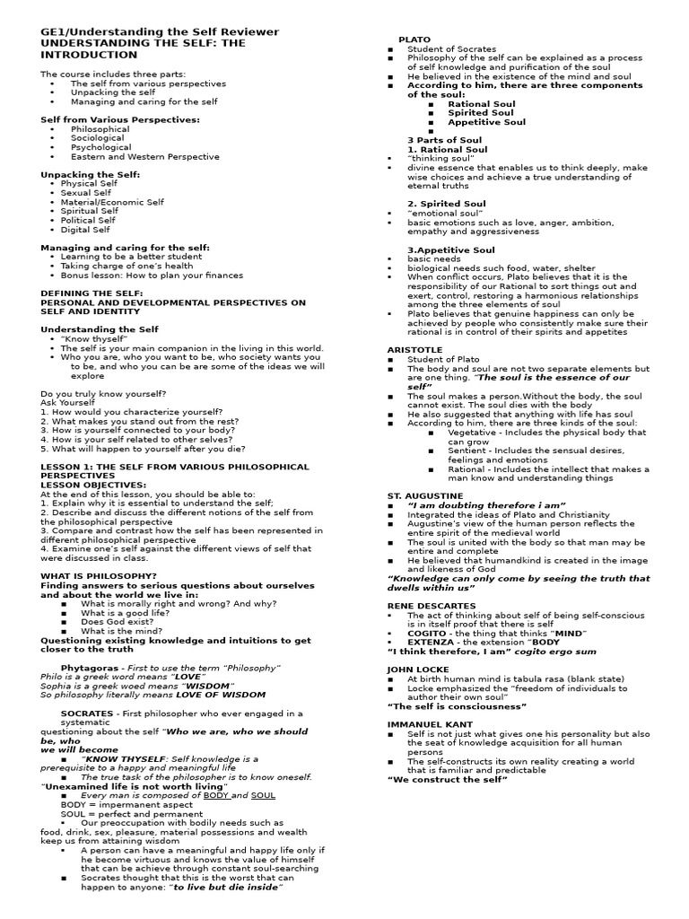 GE1 - Understanding The Self Reviewer | PDF | Soul | Philosophy Of Self
