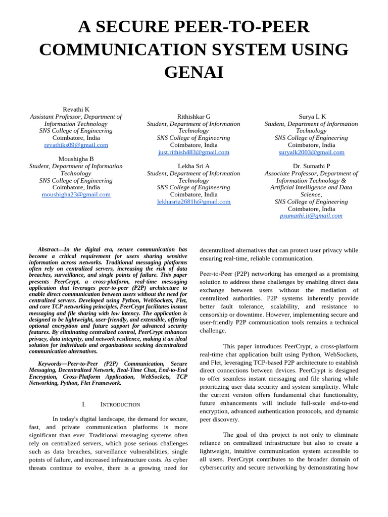 A Secure Peer-To-Peer Communication System Using GenAI | PDF | Peer To Peer | Computer Network