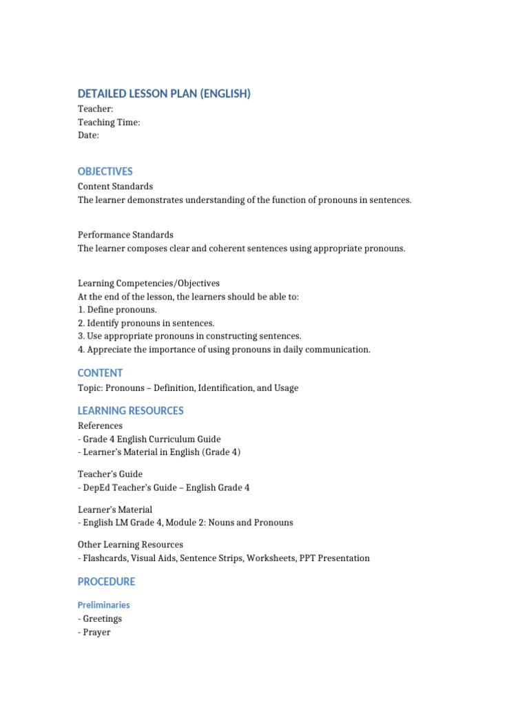 Detailed Lesson Plan English Grade4 Pronouns | PDF | English Language ...