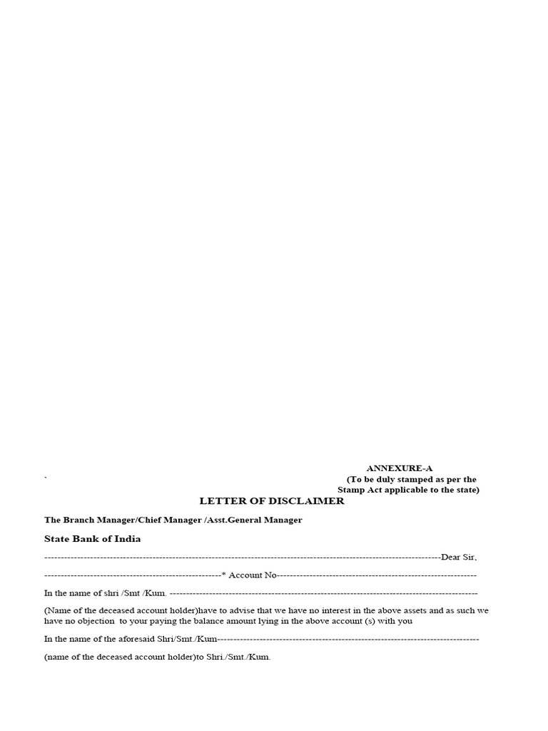 Letter of Disclaimer: Annexure-A ' (To Be Duly Stamped As Per The Stamp ...