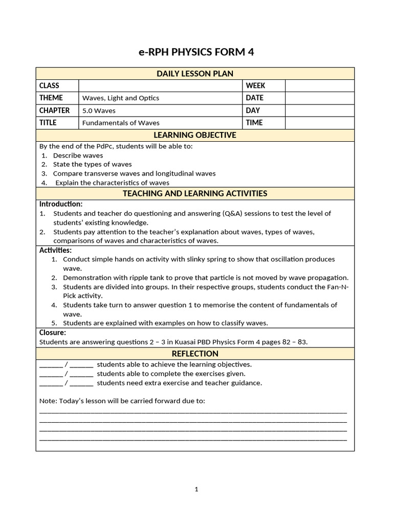 Waves and Optics Lesson Plans | PDF | Refraction | Reflection (Physics)