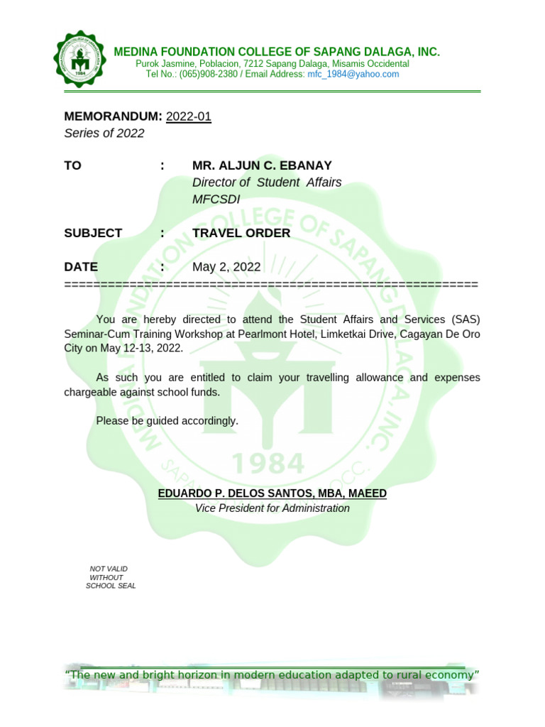 Travel Order for Student Affairs Seminar | PDF