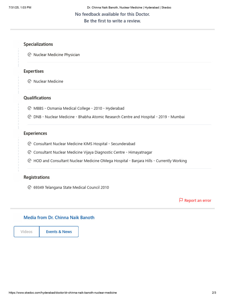 Dr. Chinna Naik Banoth, Nuclear Medicine - Hyderabad - Skedoc | PDF