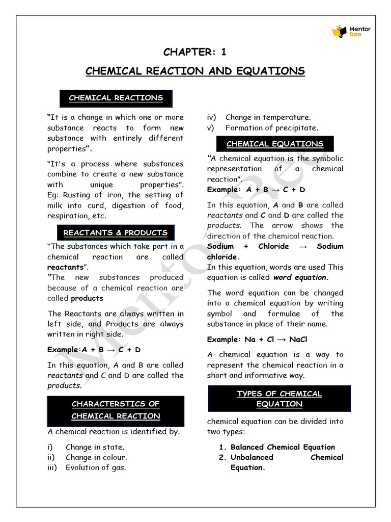 Chemical Reactions and Equations (Mentorbee Notes) | PDF | Chemical ...