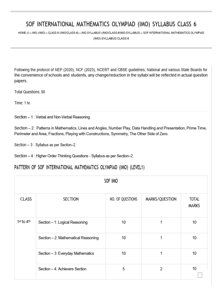 (IMO) Syllabus Class 6 - Science Olympiad Foundation | PDF | Mathematics