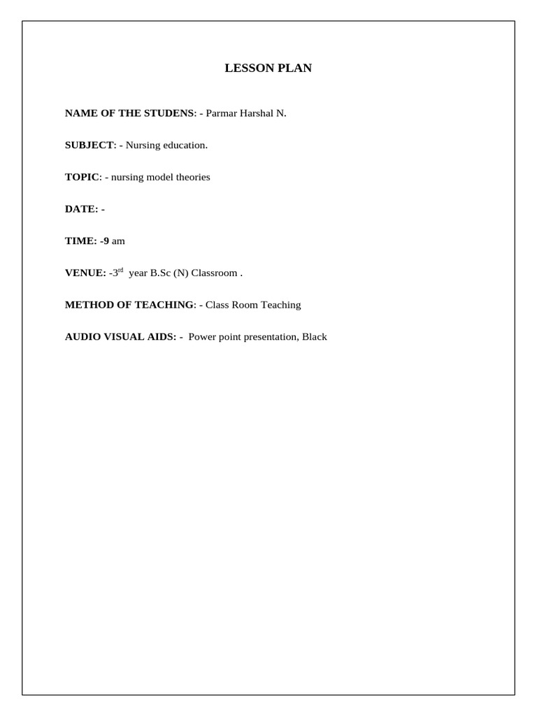 Lesson Plan Nursing Model Thoery NSG Edu. | PDF | Theory | Nursing