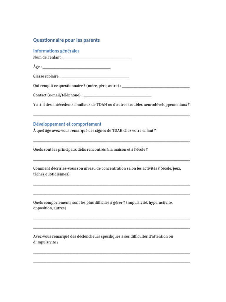 Questionnaire TDAH pour Parents | PDF | Émotions | Psychologie