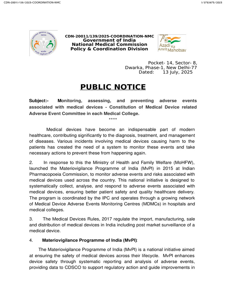 Public Notice DT 13-07-2025 From NMC | PDF | Medical Device | Patient Safety