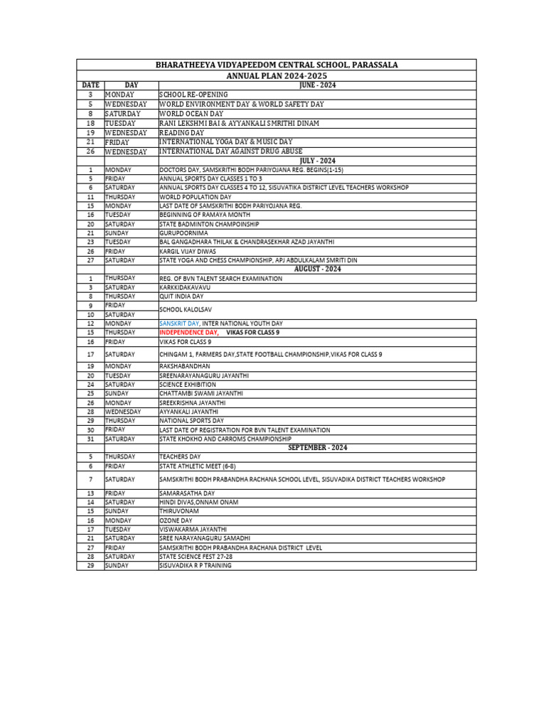 BVPCS 2024-25 Academic Calendar | PDF