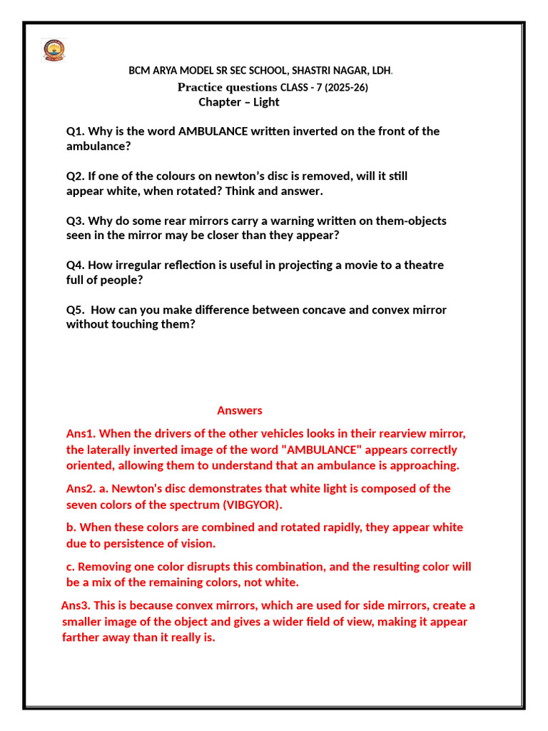 Practice Ques Class 7 Light | PDF