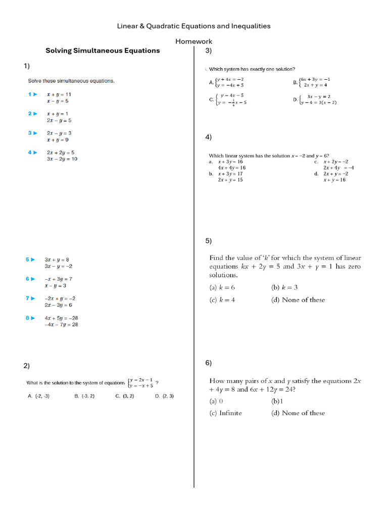 Linear & Quadratic Eqn HMW | PDF