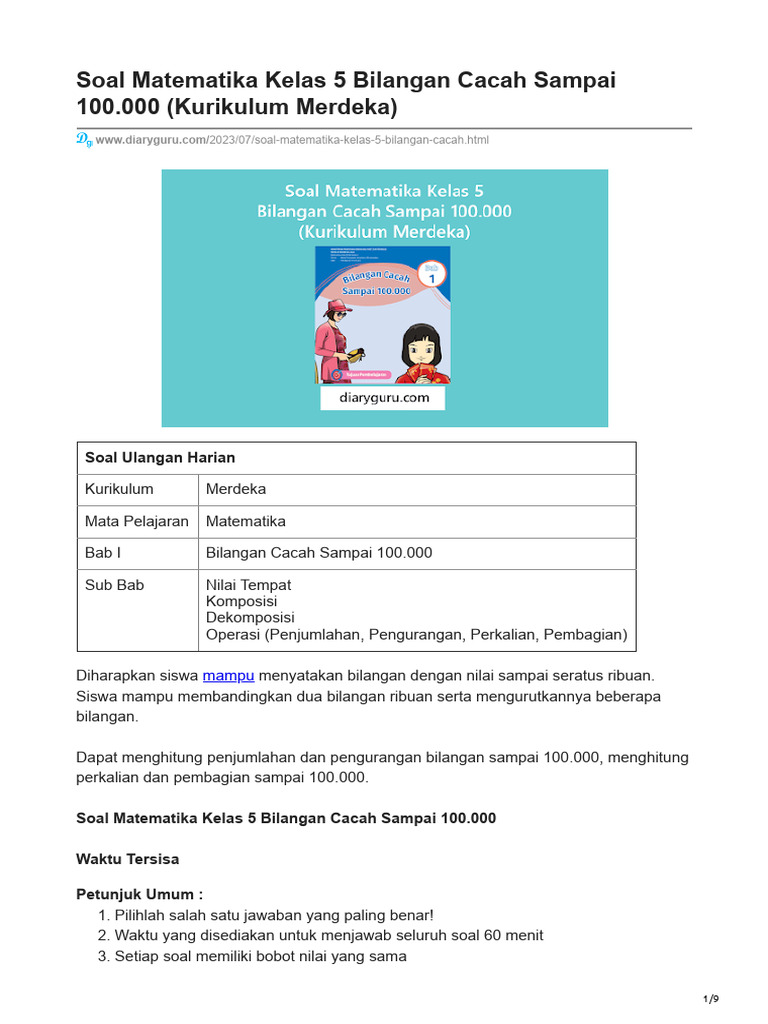 Soal Matematika Kelas 5 Bilangan Cacah Sampai 100.000 (Kurikulum Merdeka) | PDF