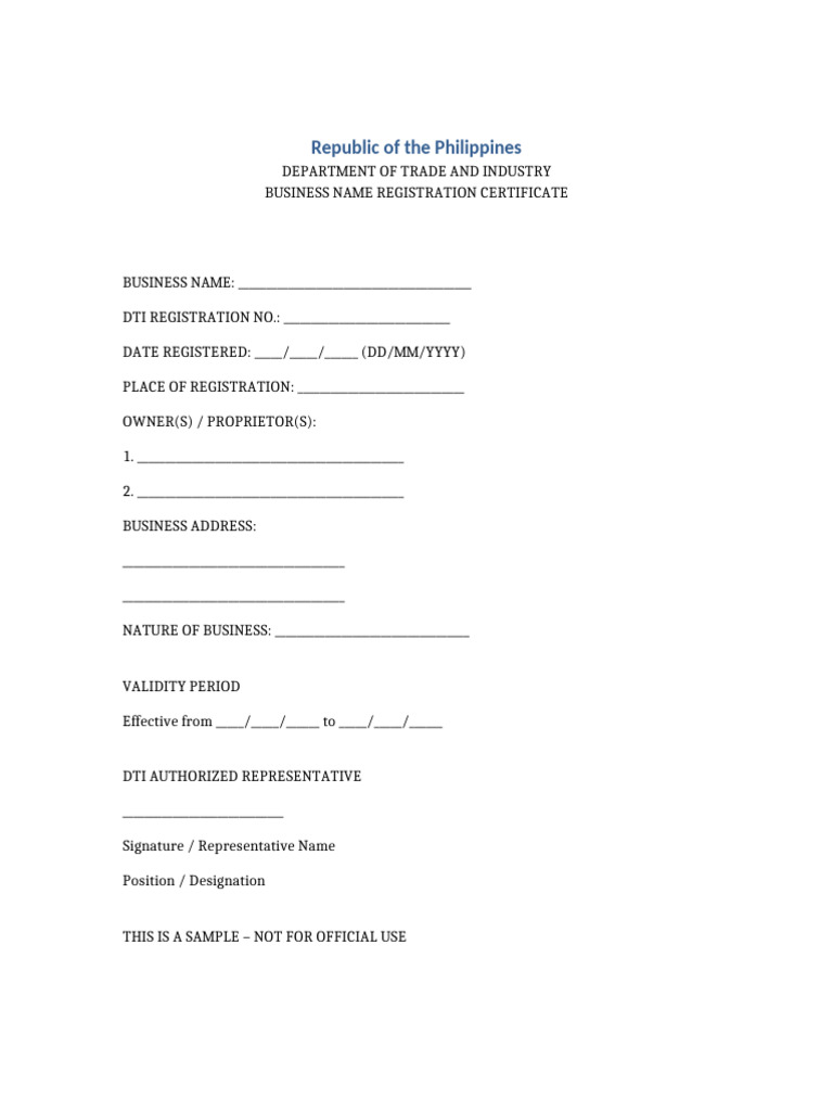Sample DTI Business Registration Certificate | PDF