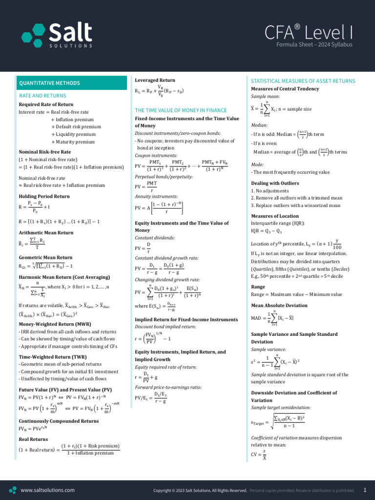 Salt Cfa Level 1 Formulasheet 2024 (2) | PDF | Errors And Residuals | Regression Analysis