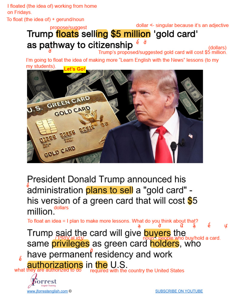 Trump Sells Gold Card News Review by JForrest English | PDF | Syntax | Linguistic Morphology
