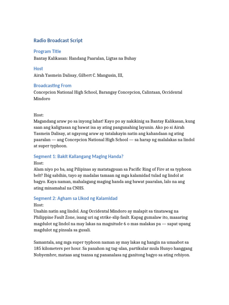 CNHS Radio Broadcast Script | PDF