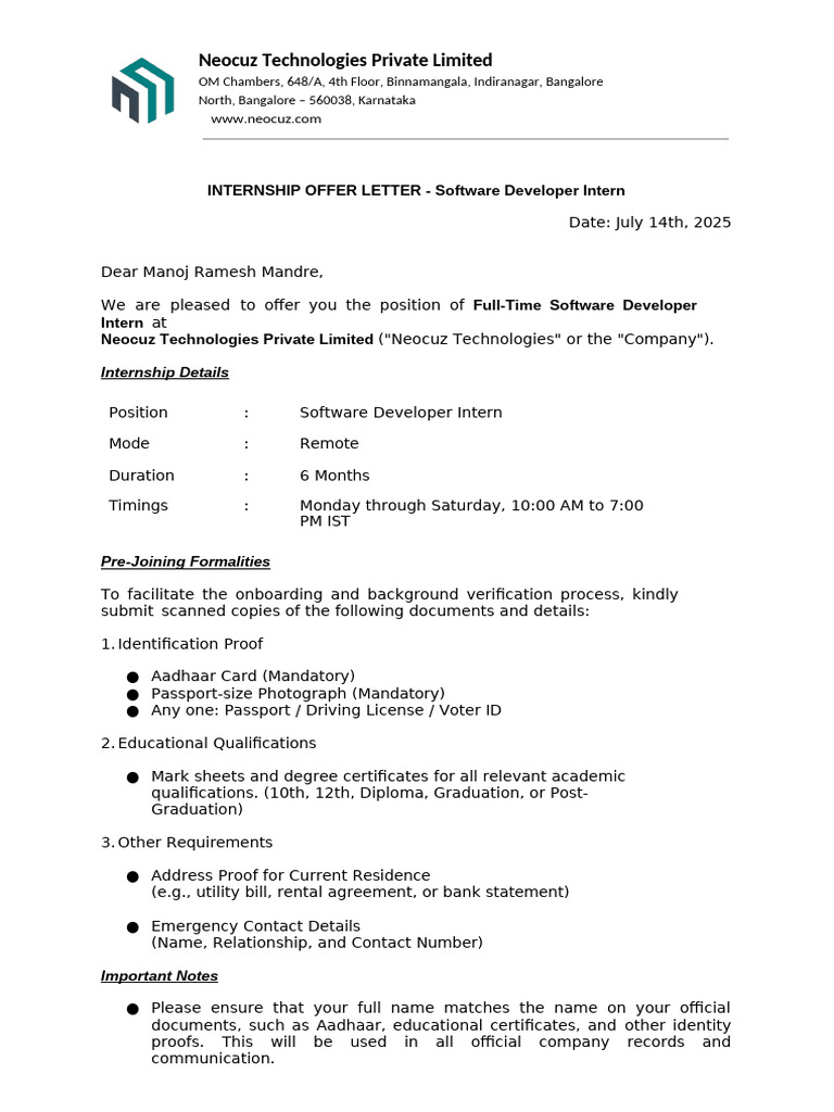 Internship Offer Letter-Manoj Ramesh Mandre | PDF | Identity Document | Government And Personhood