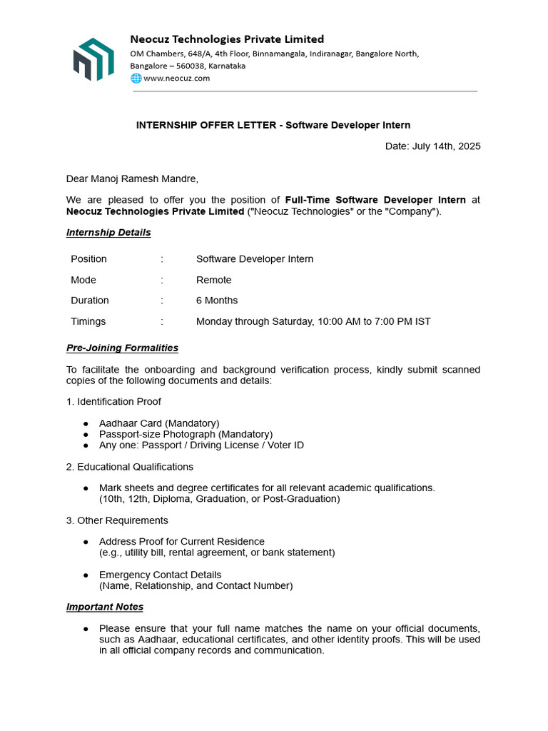 Internship Offer Letter-Manoj Ramesh Mandre | PDF | Identity Document | Government And Personhood