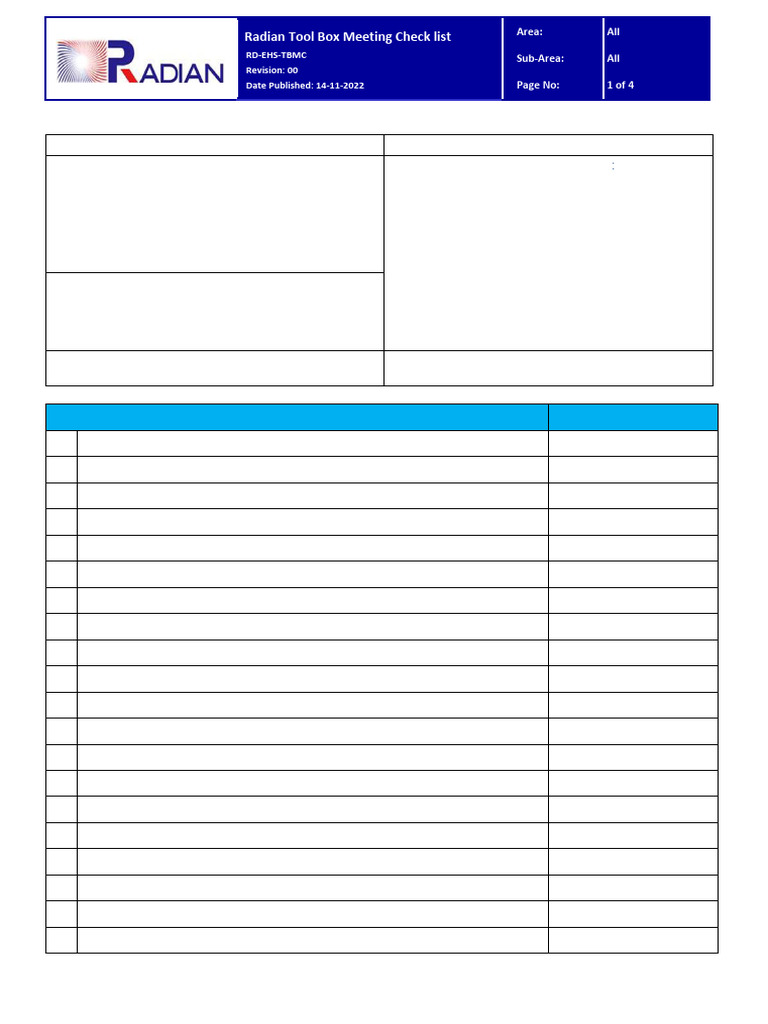 Radian Tool Box Meeting Checklist | PDF