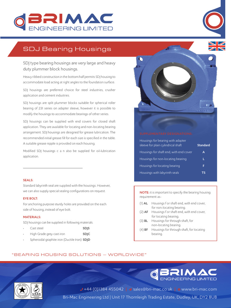 Brimac Data Sheet SDJ v3 | PDF | Bearing (Mechanical) | Mechanical Engineering